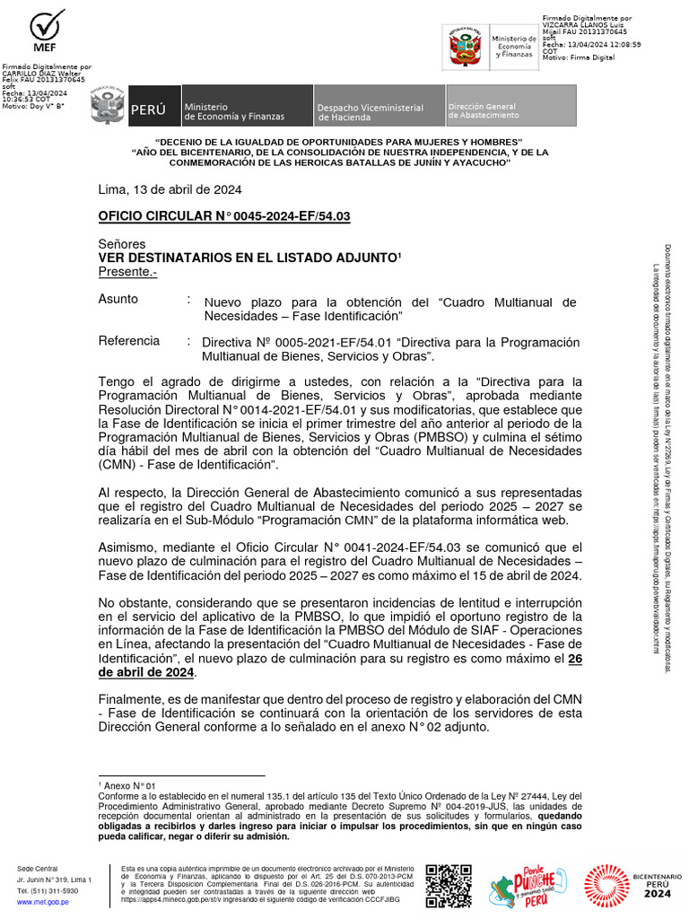 Oficio Circular N 0045 2024 Ef 54.03 R Firmado-1 | PDF