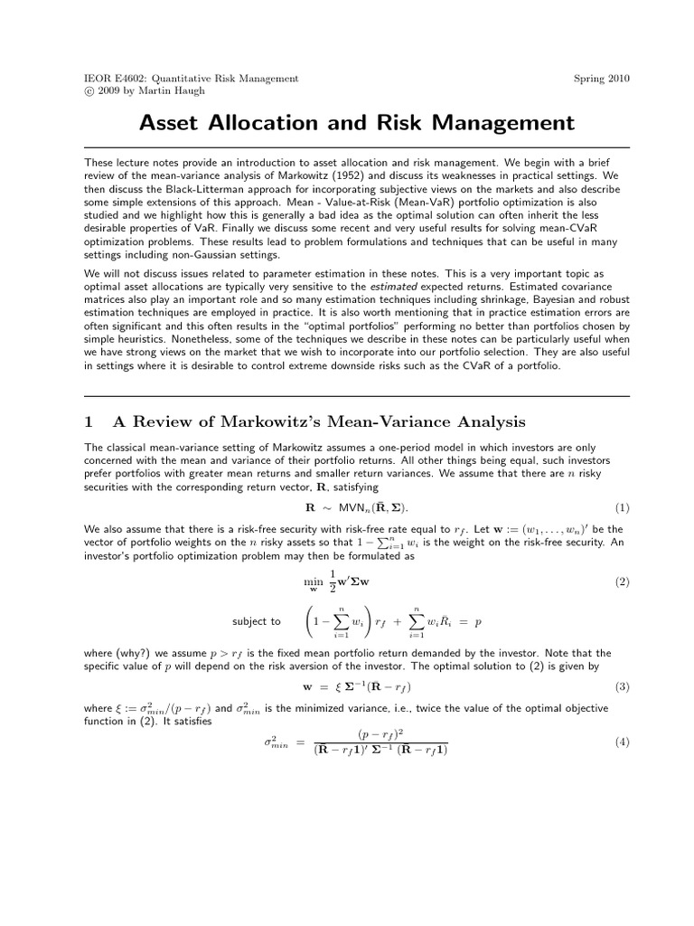 Mean Variance and Black Litterman Haugh | PDF | Modern Portfolio Theory ...
