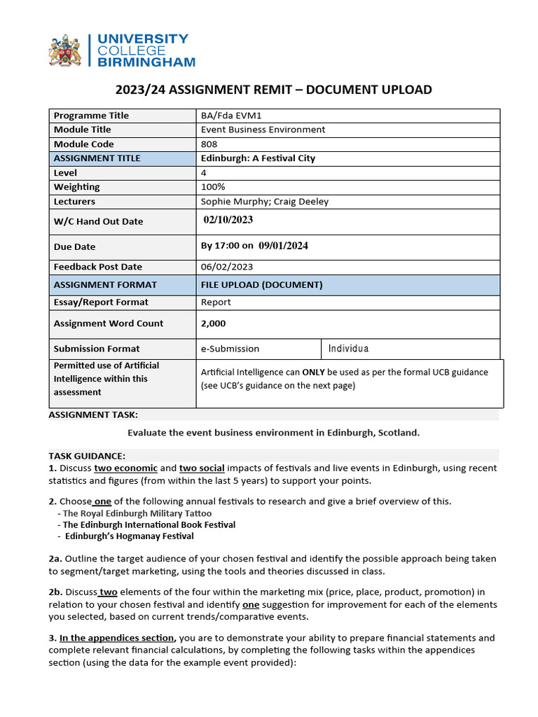 Edinburgh A Festival City - Report - Assignment Remit (1) - 1 | PDF | Income Statement ...