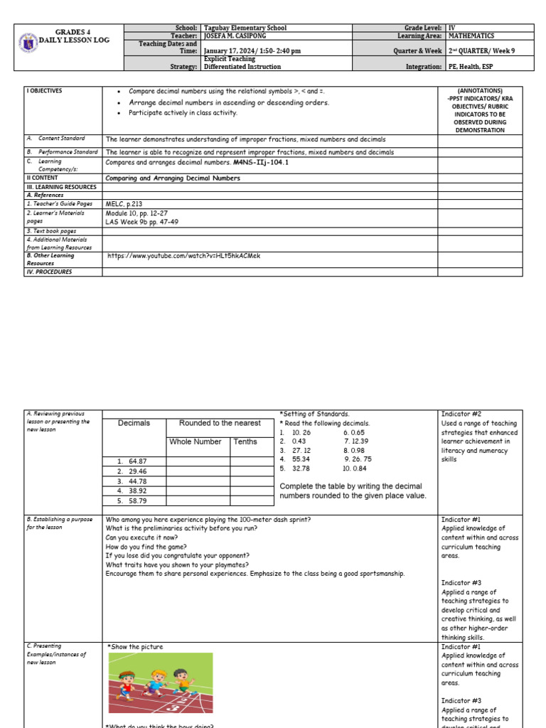 Detail Lesson Plan Math 4 Comparing and Arranging Decimal Numbers | PDF ...