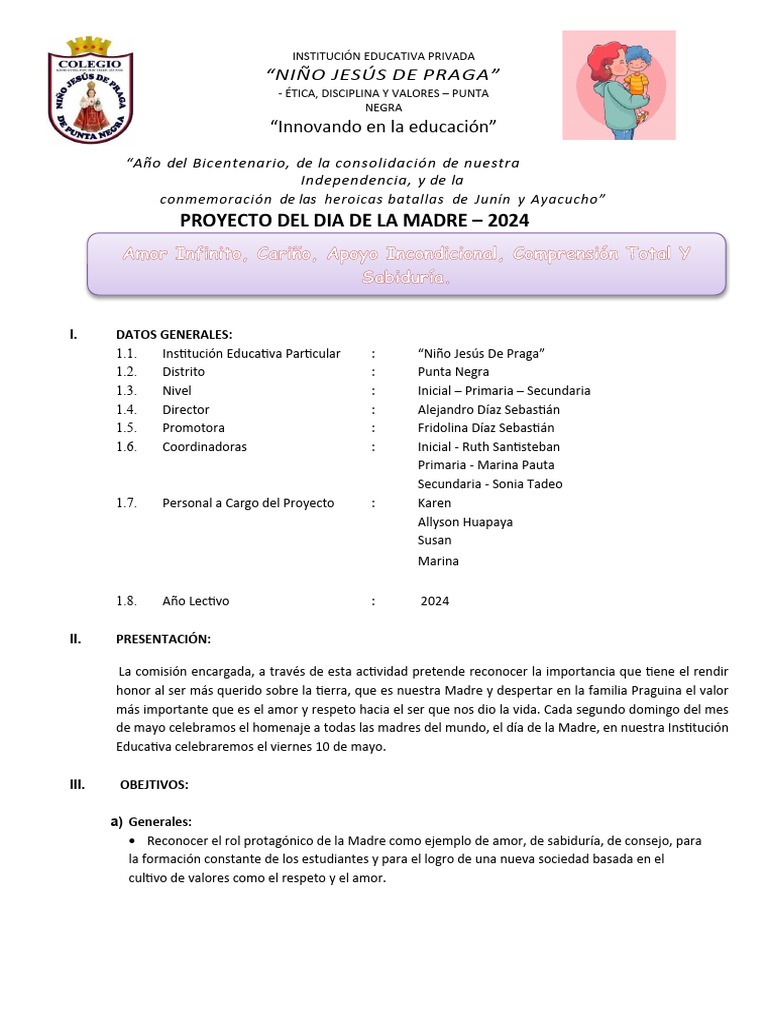 Proyecto Día de la Madre 2024 - Niños Jesús Praga | PDF