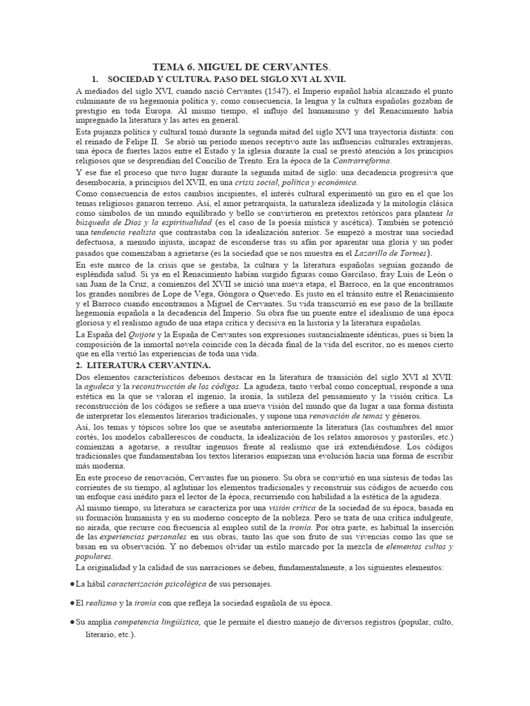 Tema 6 Miguel de Cervantes | PDF | Don Quijote | Miguel De Cervantes