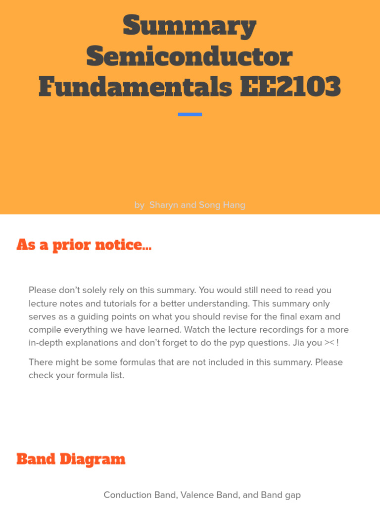 EE2103 Semiconductor Fundamentals Summary | PDF | P–N Junction | Field ...