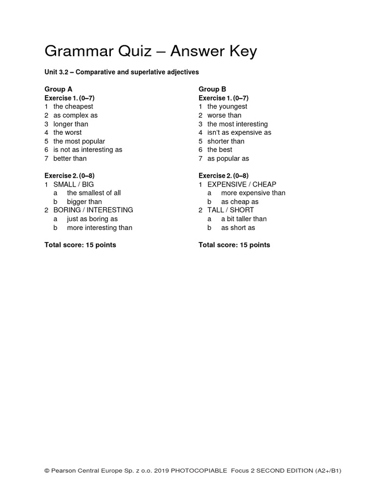 Focus 2 2ed Grammar Quiz Unit 3.2 GroupA&B ANSWERS | PDF