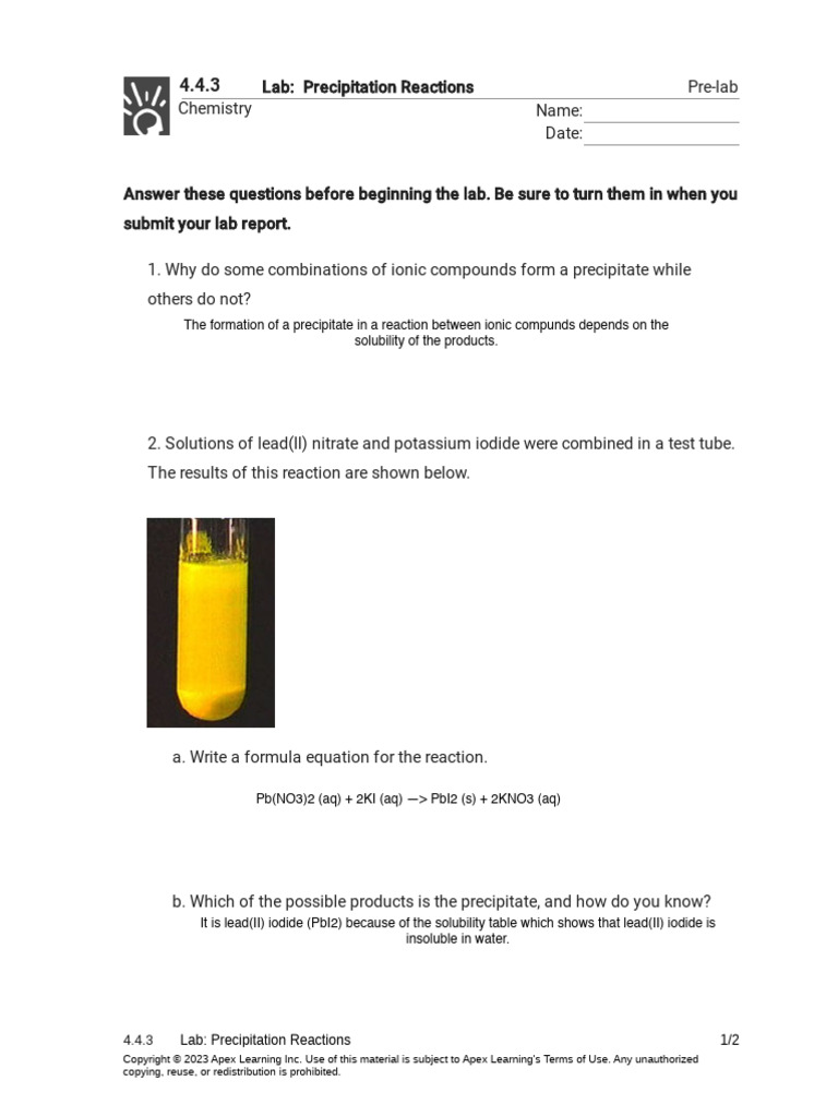4.4.3 Lab - Precipitation Reactions (Pre-Lab) - 2 | PDF
