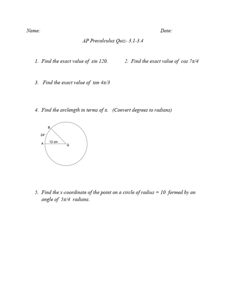AP Precalculus Quiz: Trigonometric Values | PDF