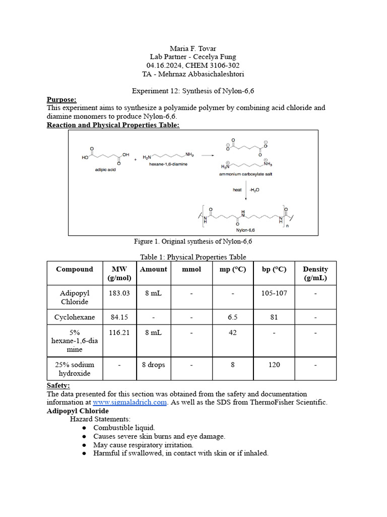 Synthesis of Nylon-6,6 Experiment | PDF | Personal Protective Equipment ...