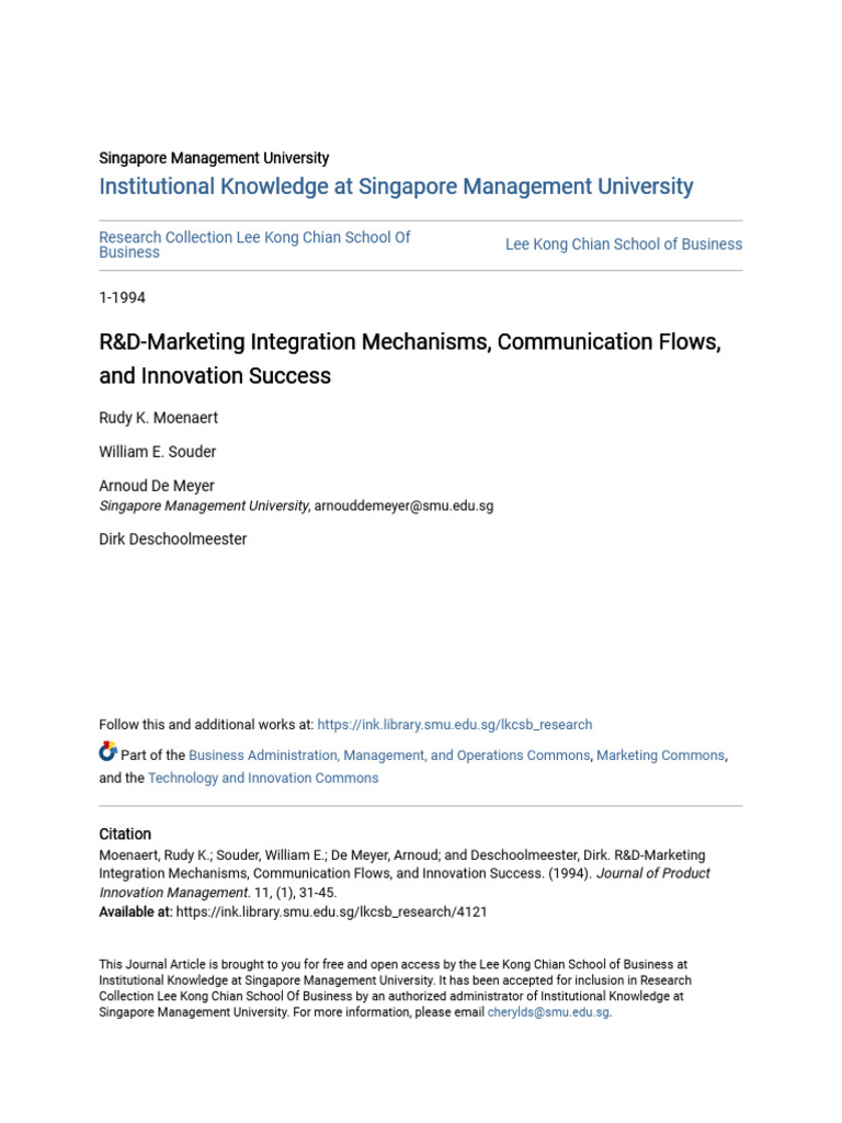 R&D-Marketing Integration Mechanisms Communication Flows and in | PDF ...