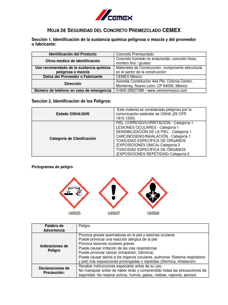 Hoja de Seguridad Del Concreto Premezclado CEMEX | Descargar gratis PDF ...