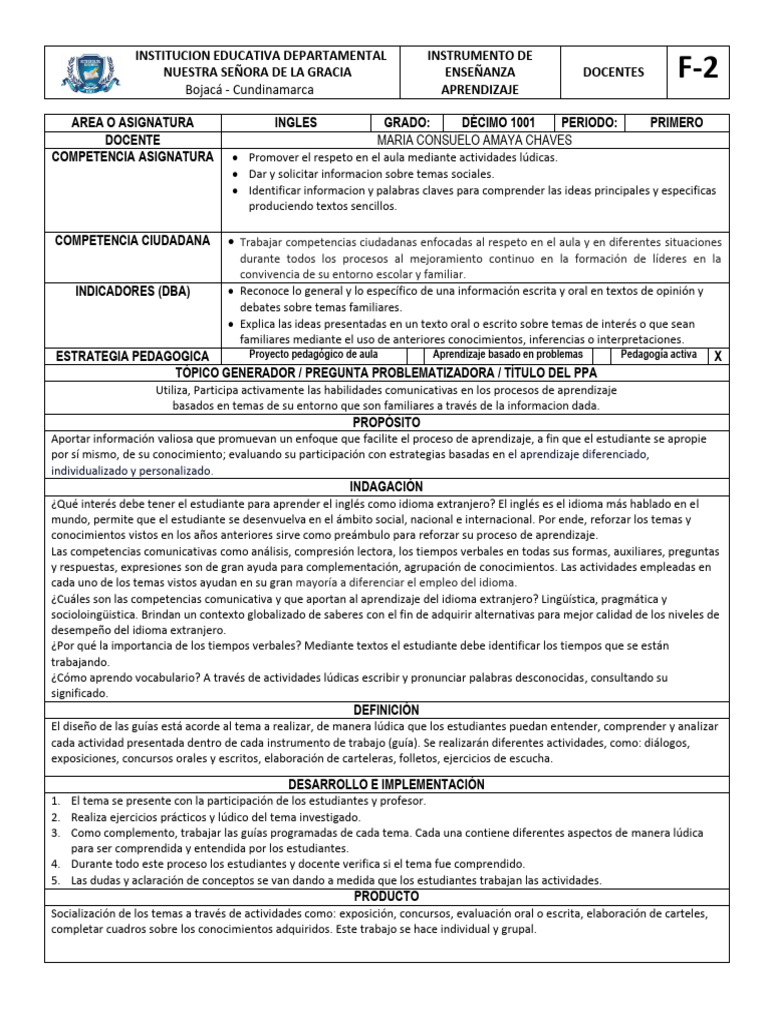 F2 Formato Instrumento Ingles 10° | PDF | Aprendizaje | Maestros