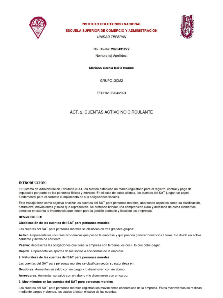 Act 2.a Cuentas Activo No Circulante - Kimg | Descargar gratis PDF | Activo fijo | Hoja de balance