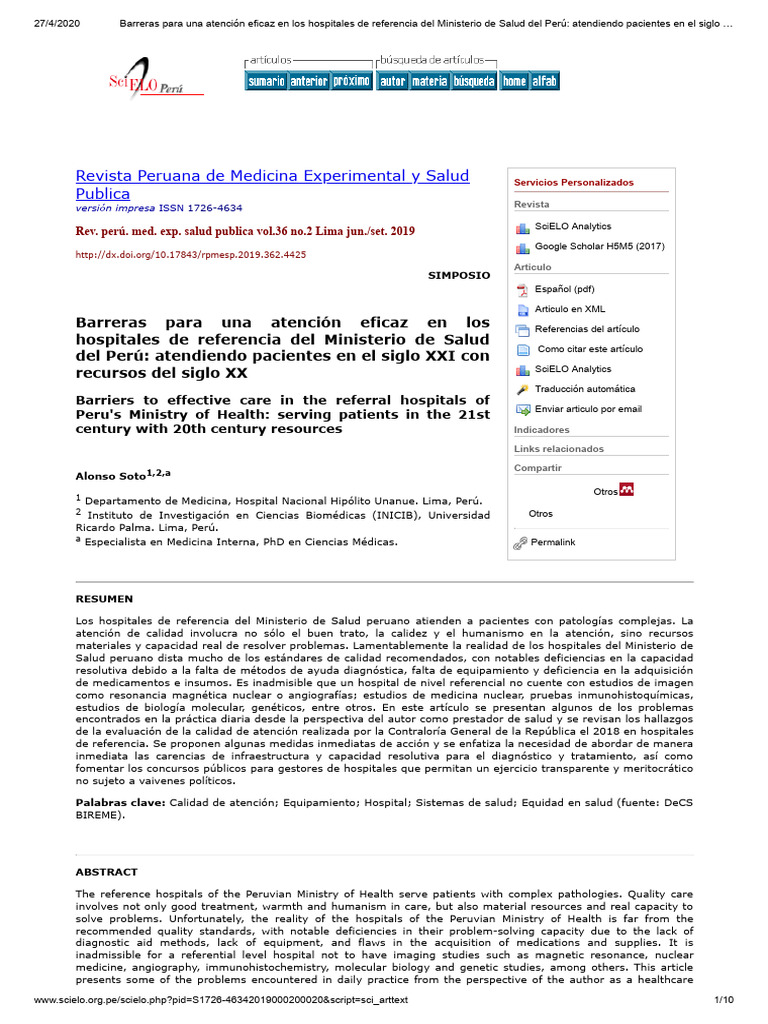 Revista Peruana de Medicina Experimental y Salud Publica | PDF | Hospital | Medicamentos con receta