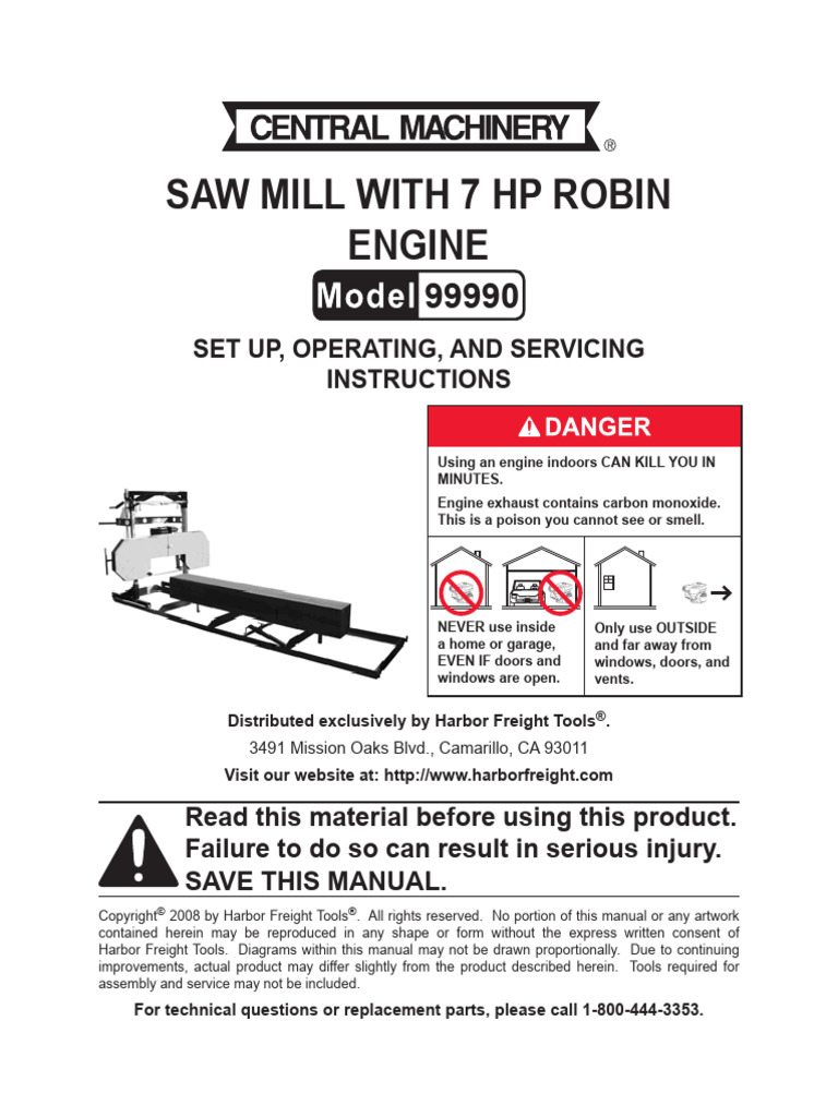 Saw Mill With 7 HP Robin Engine: Set Up, Operating, and Servicing ...