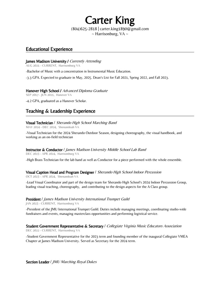 carter king resume | PDF | Performing Arts | Marching Bands