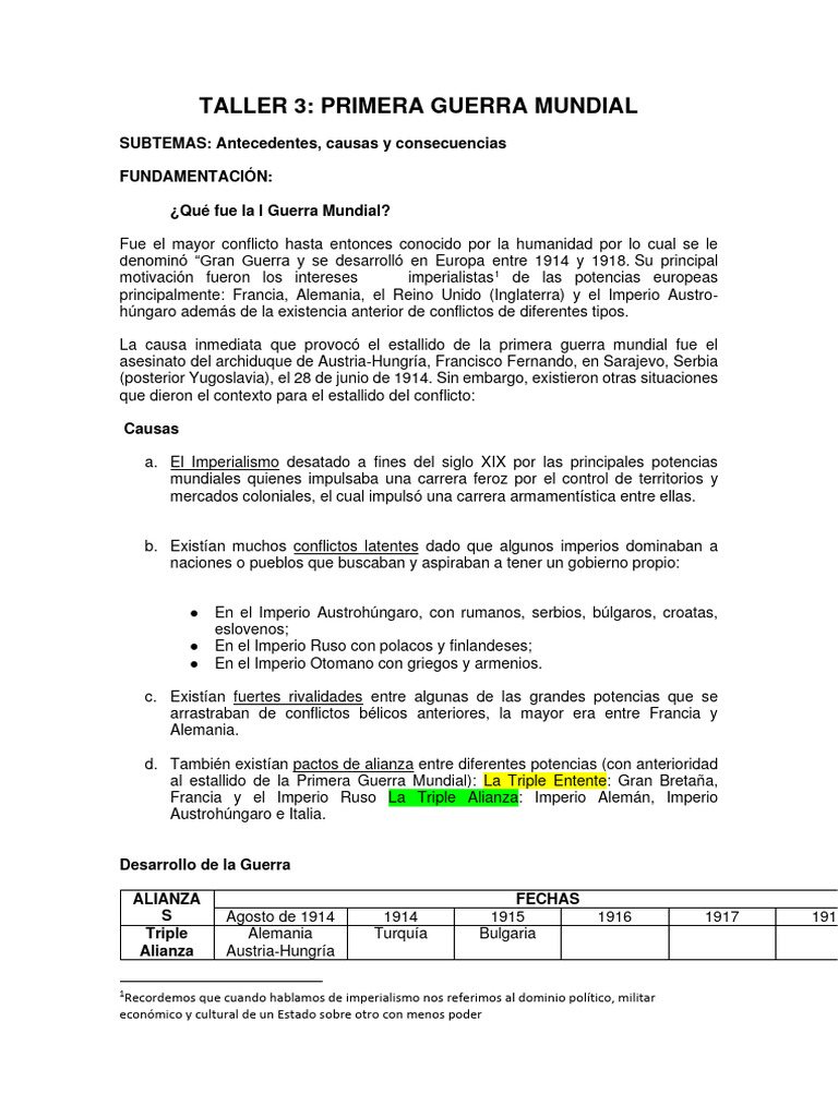 Taller 3 Primera Guerra Mundial | PDF | Primera Guerra Mundial | Austria Hungría
