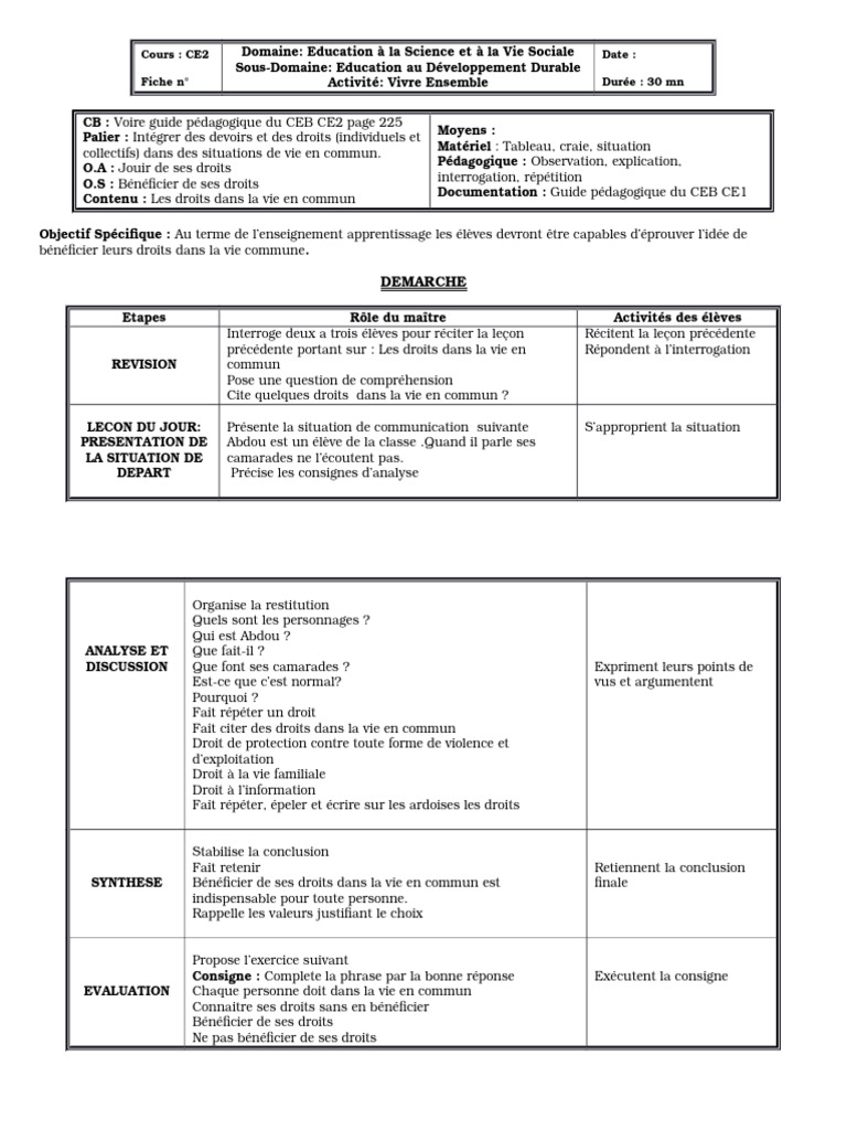 Vivre Ensemble : Droits et Devoirs CE2 | PDF | Pédagogie | Apprentissage