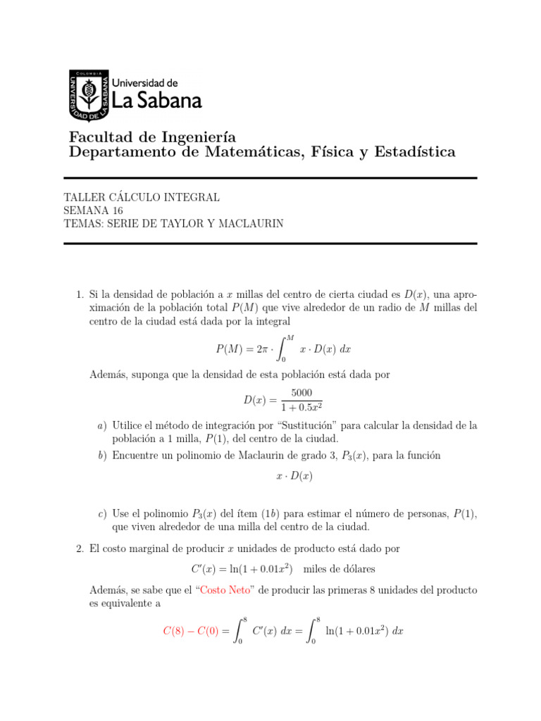 Taller Calculo Integral 2c 10ej | PDF | Integral | Ciencias de la vida