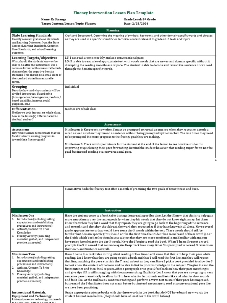 Fluency LP and Parent Letter | PDF | Learning | Behavior Modification