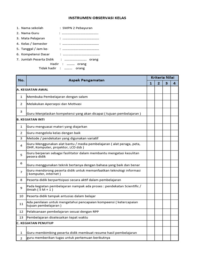Instrumen Observasi Kelas SMPN 2 Pebayuran | PDF | Pengembangan Diri