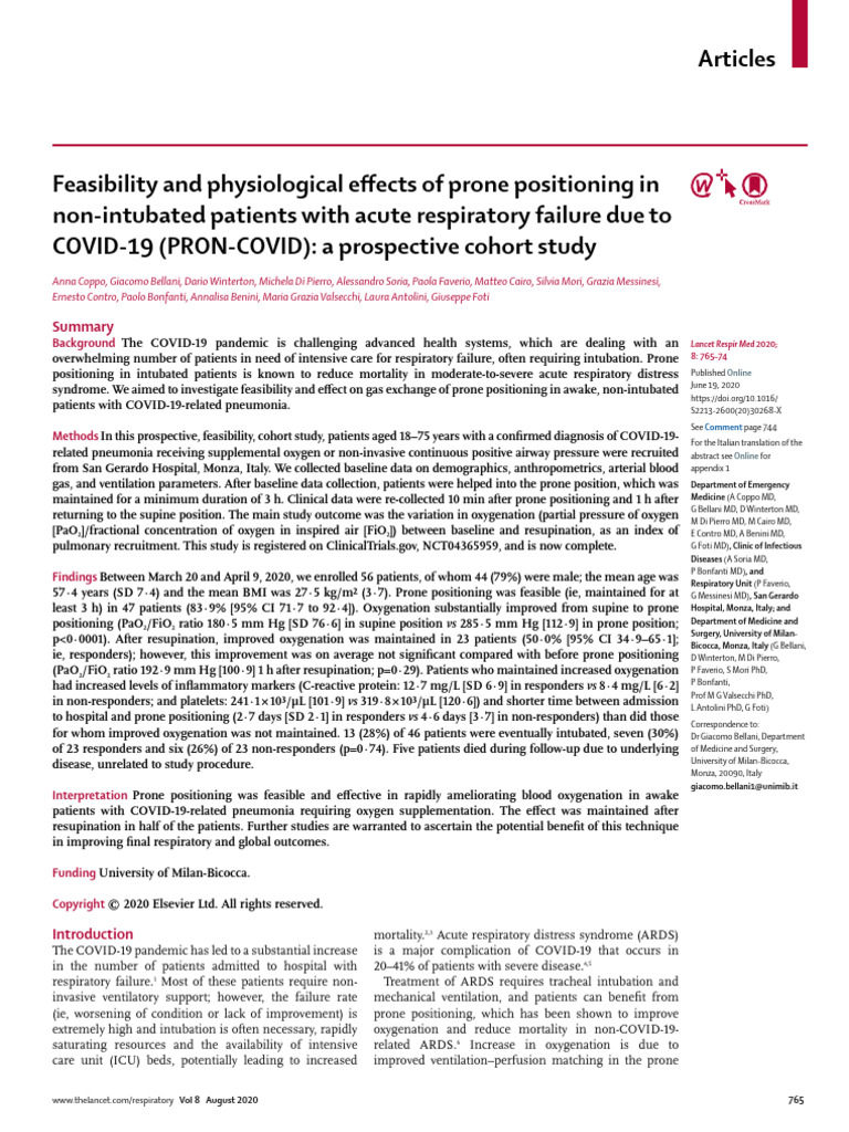 Feasibility and Physiological Effects of Prone Positioning in Non ...