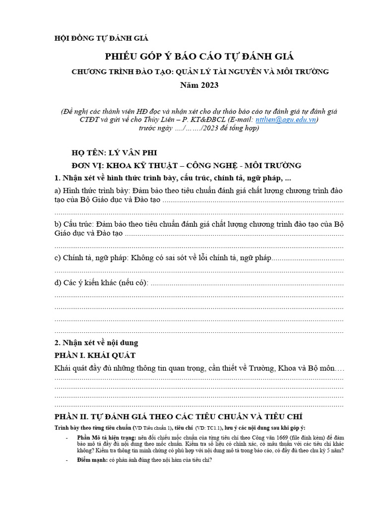 Phiếu Góp Ý - Báo Cáo TDG CTDT 2023 | PDF
