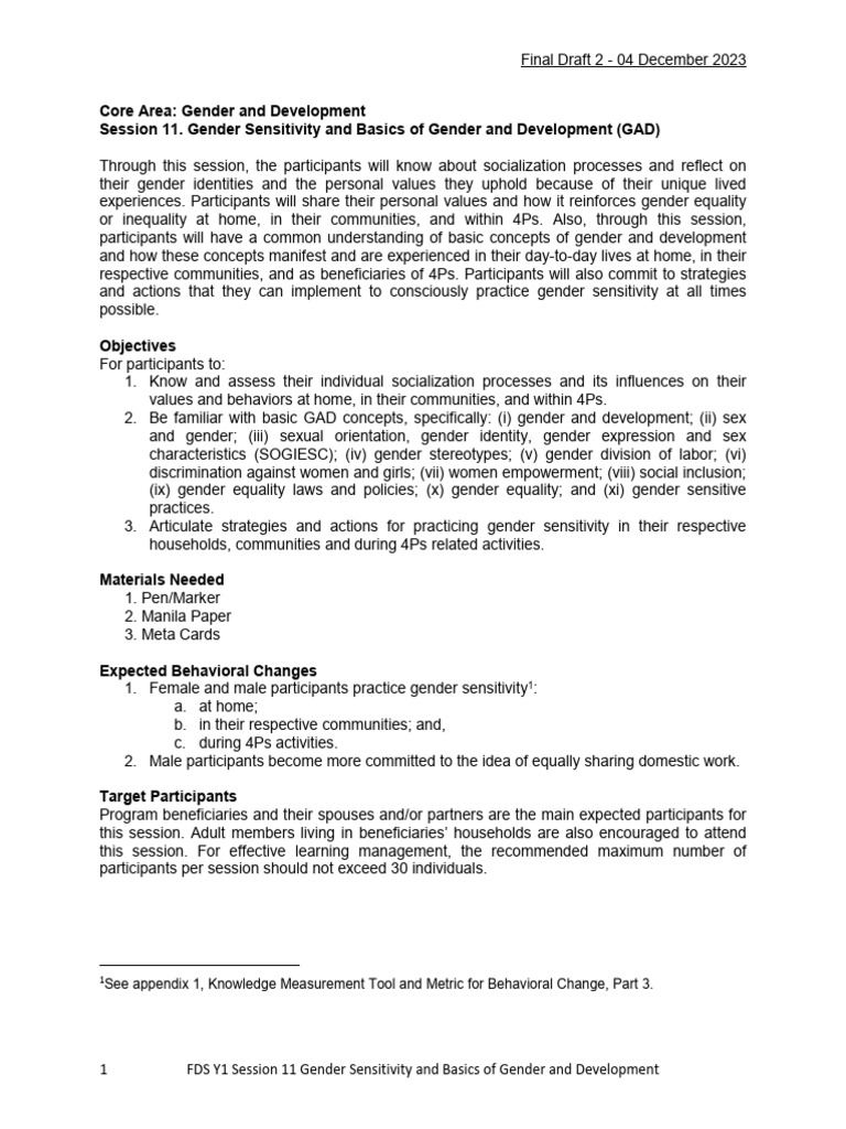 Core Area: Gender and Development Session 11. Gender Sensitivity and Basics of Gender and ...
