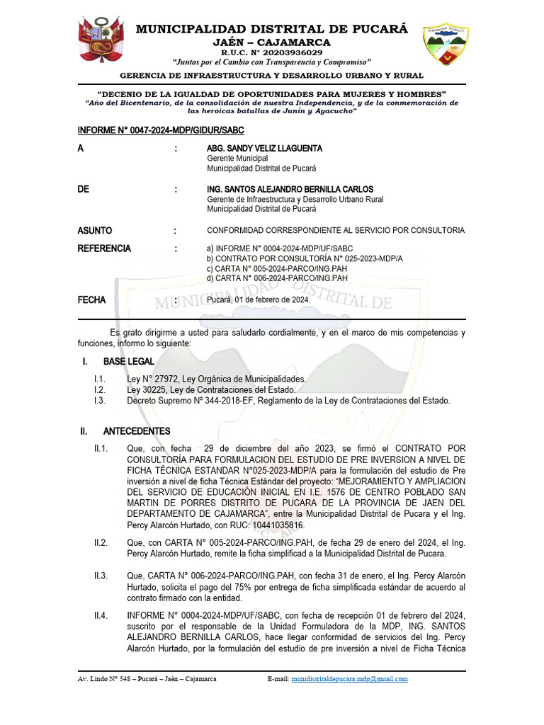 Informe N°0047-2024-Conformidad de Pago Fincha Estandar 75% San Martin ...