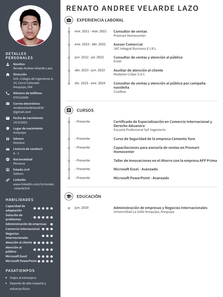 CV Renato Andree Velarde Lazo | PDF | Business | Economias