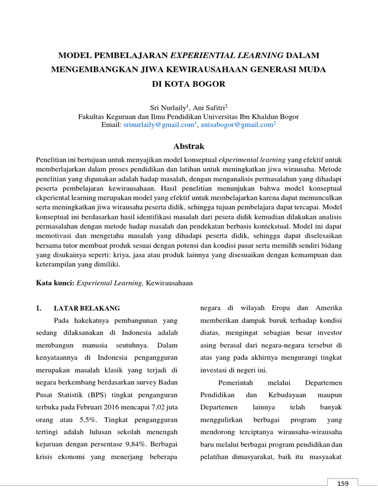 Model Pembelajaran Experiential Learning Dalam Mengembangkan Jiwa Kewirausahaan Generasi Muda Di ...