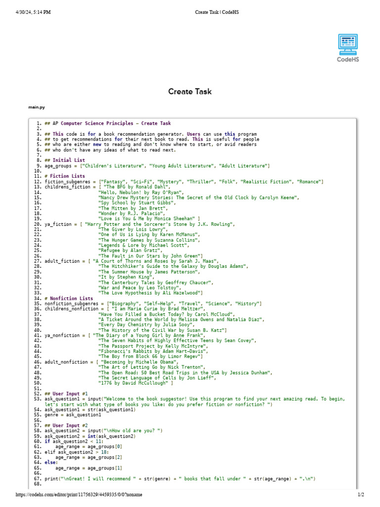 apcsp create task final | PDF | Young Adult Fiction