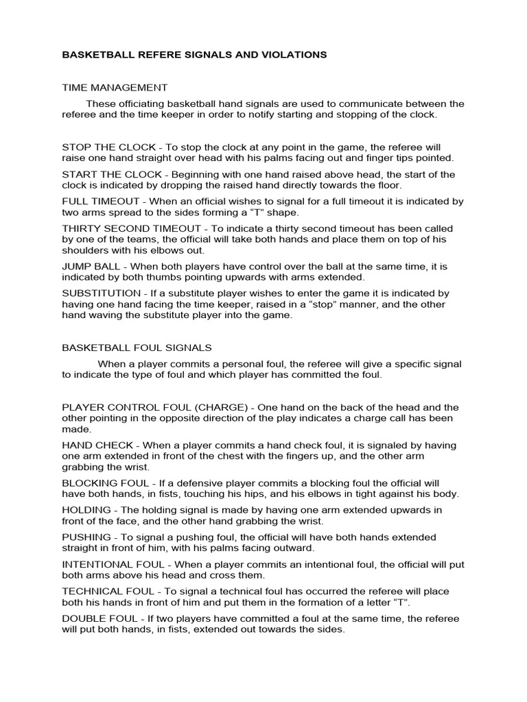 Basketball Refere Signals and Violations | PDF | Hand | Sports