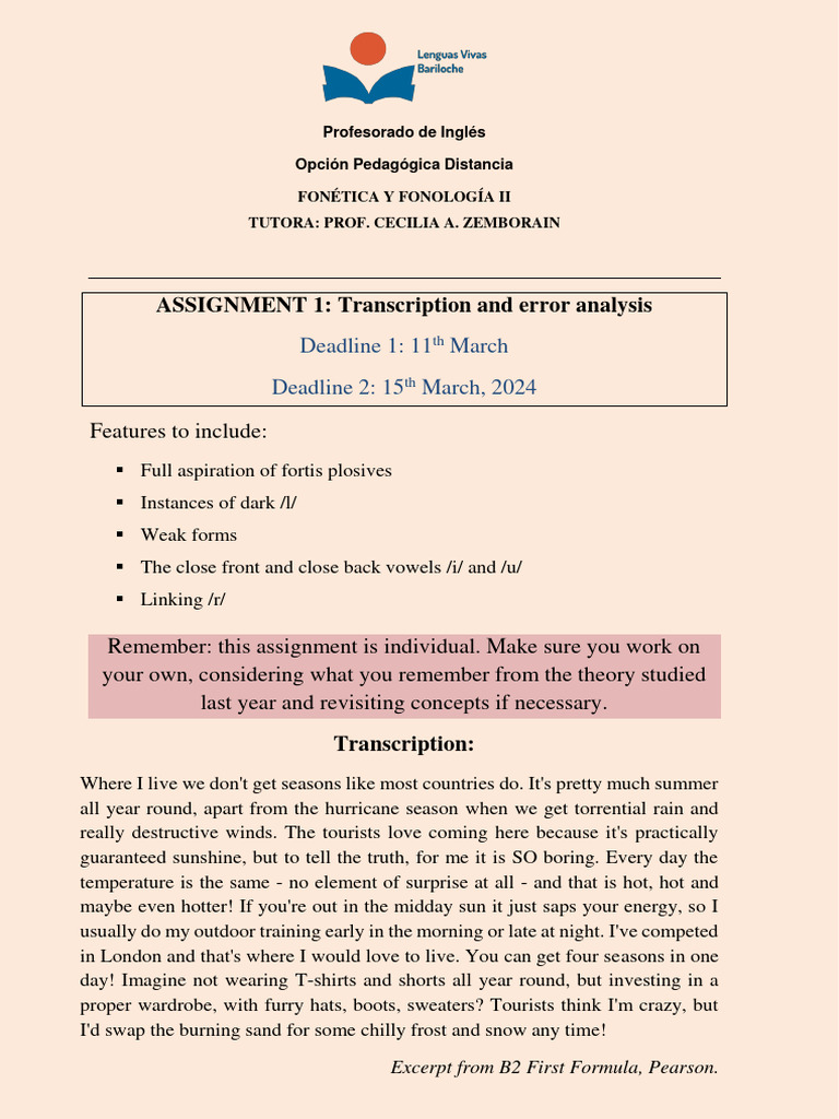 17. Fonética y Fonología II - Assignment 1 - Unit 1 - 2024 - Key | PDF | Earth Sciences