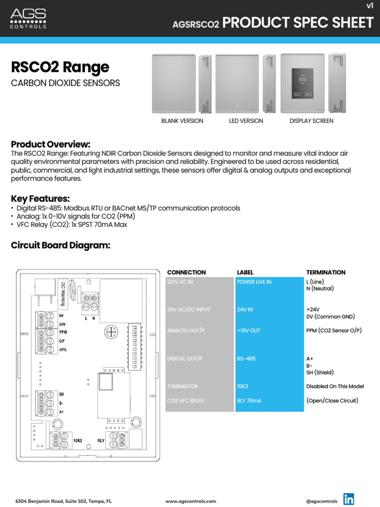 AGS Controls RSCO2 Range Spec Sheet | PDF | Carbon Dioxide | Sensor