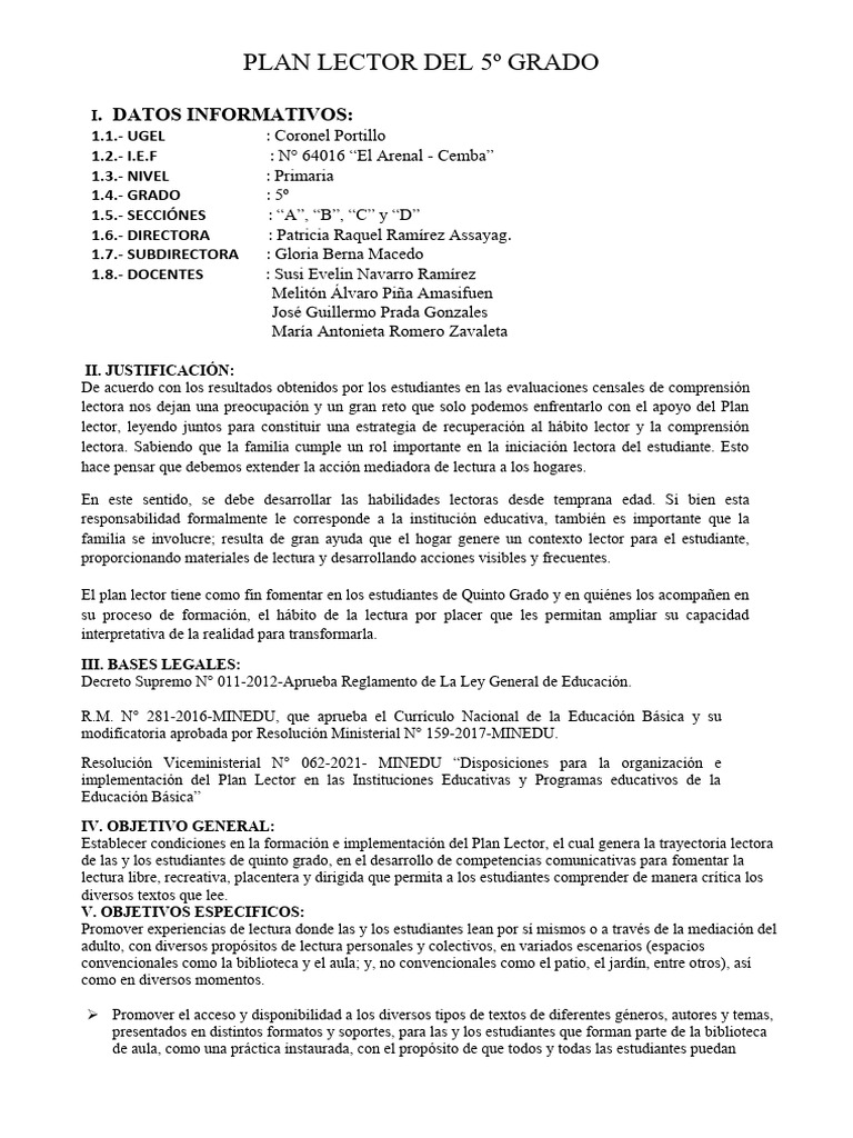 24 Plan Lector 5-2024 | PDF | Información | Aprendizaje