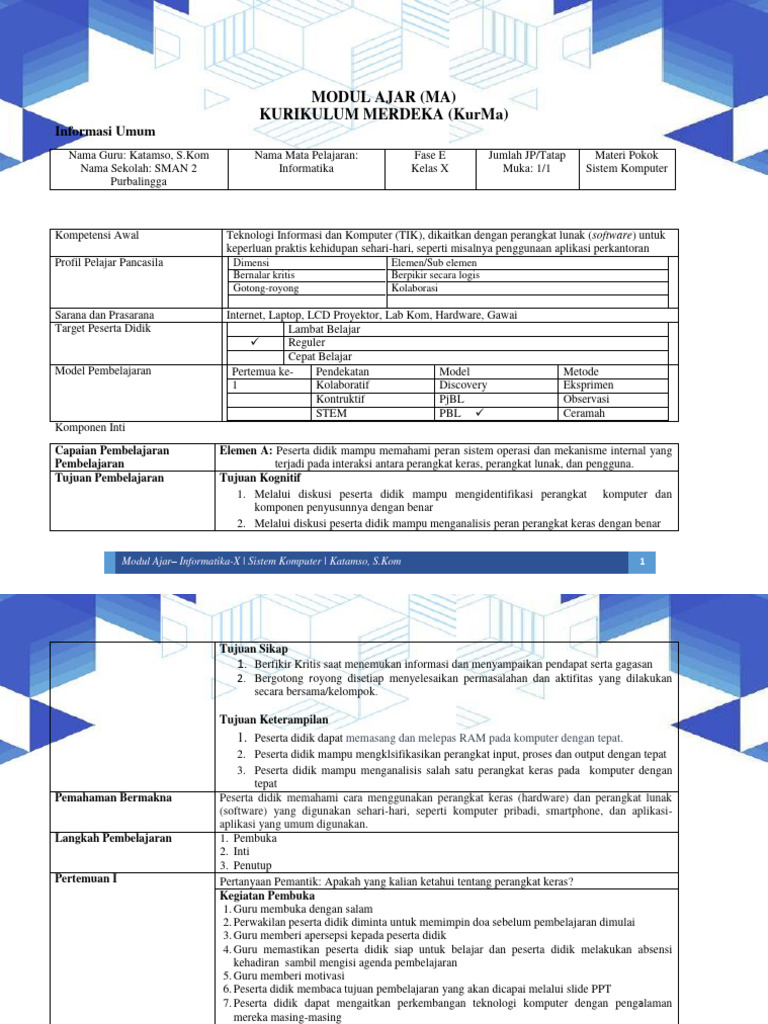 Modul Ajar Informatika - INFORMATIKA - SISTEM KOMPUTER - KELAS X SMA - Fase E | PDF
