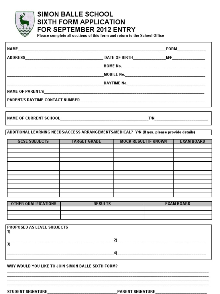 Sixth Form Application For 2012 For Website | PDF