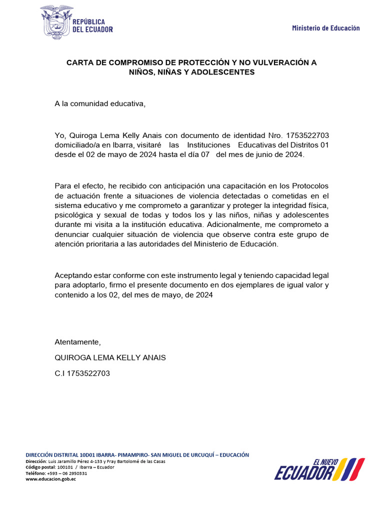 Carta de Compromiso de Protección y No Vulveración A Niños | PDF ...