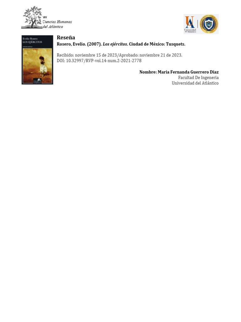 Formato Reseña Crítica Literaria - Los Ejércitos (UA) (3) .Doc Mafe | PDF