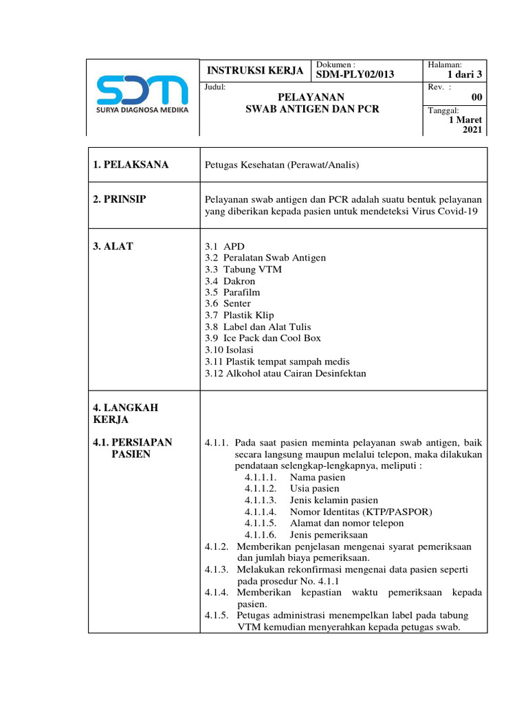 Sop Swab Antigen & PCR | PDF