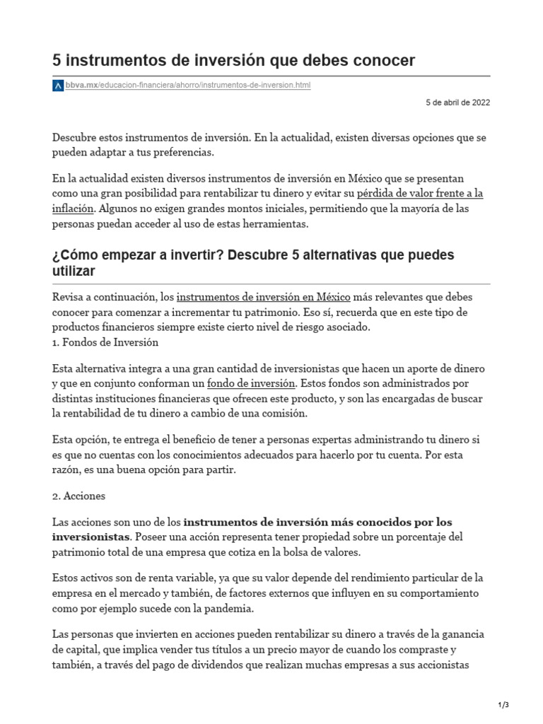 Bbva - mx-5 Instrumentos de Inversión Que Debes Conocer | PDF ...