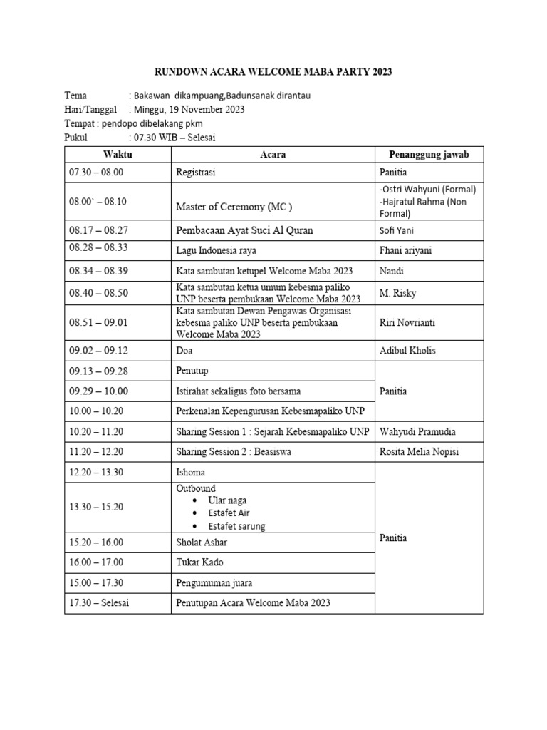 Rundown Acara Maba Party 2023 | PDF