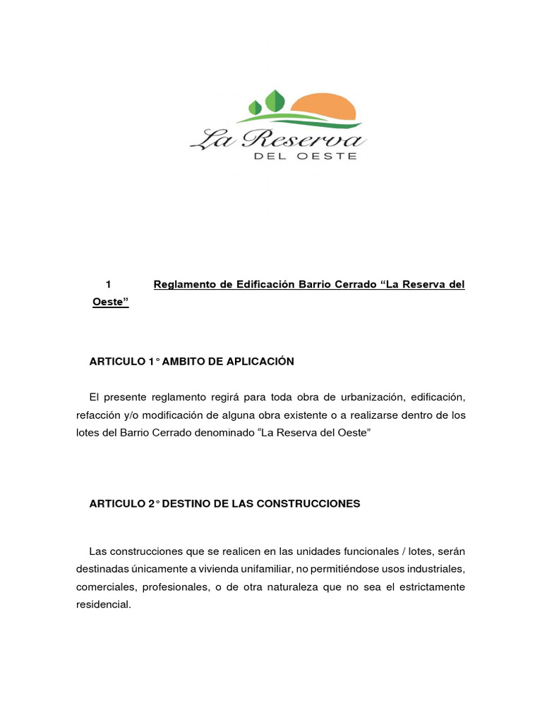 Reglamento de Edificación Barrio Cerrado LA RESERVA DEL OESTE. | PDF | Agua | edificio