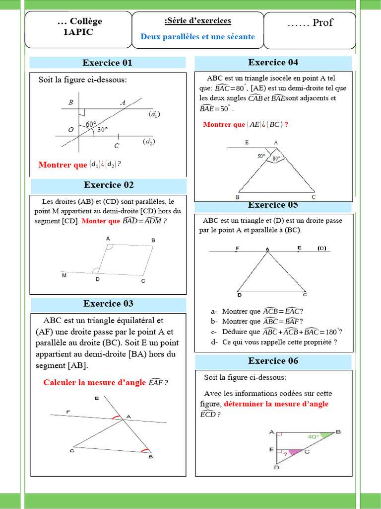 Exercices sur parallèles et sécantes | PDF | Triangle | Formes géométriques