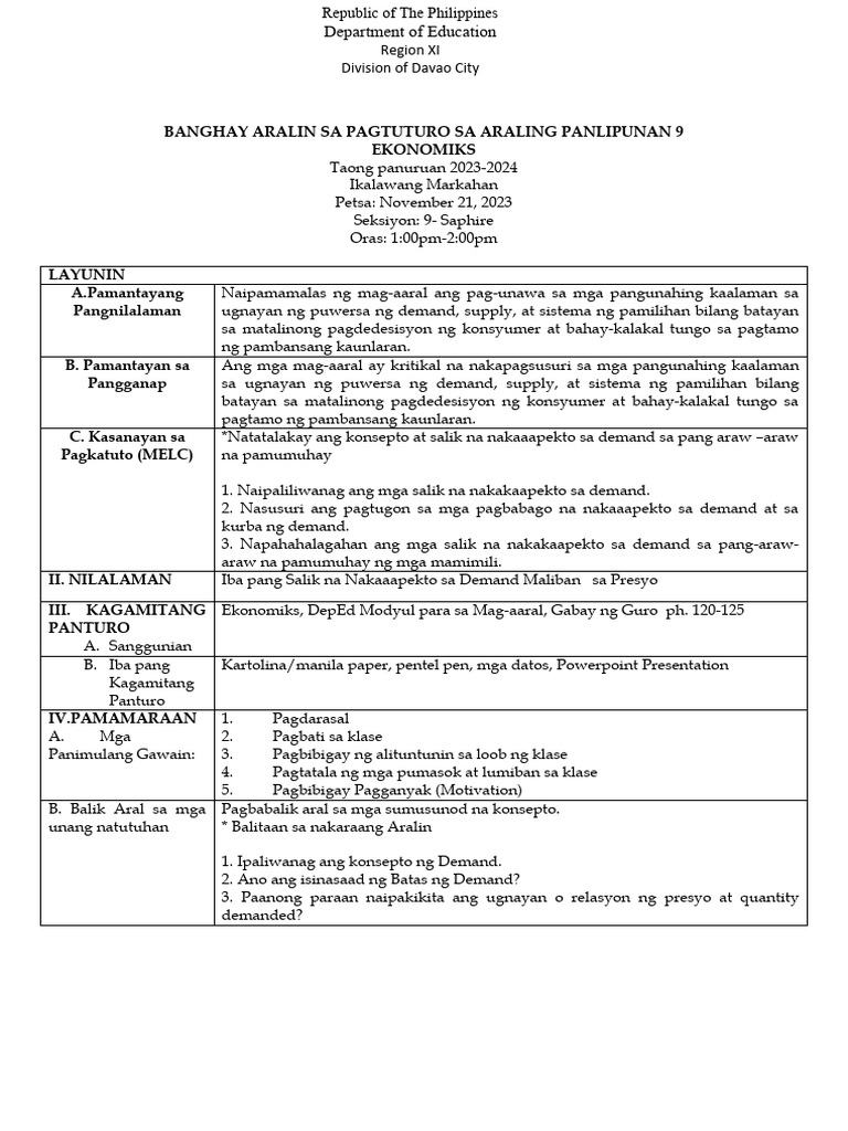 LESSON PLAN IN AP 9 Q2 | PDF