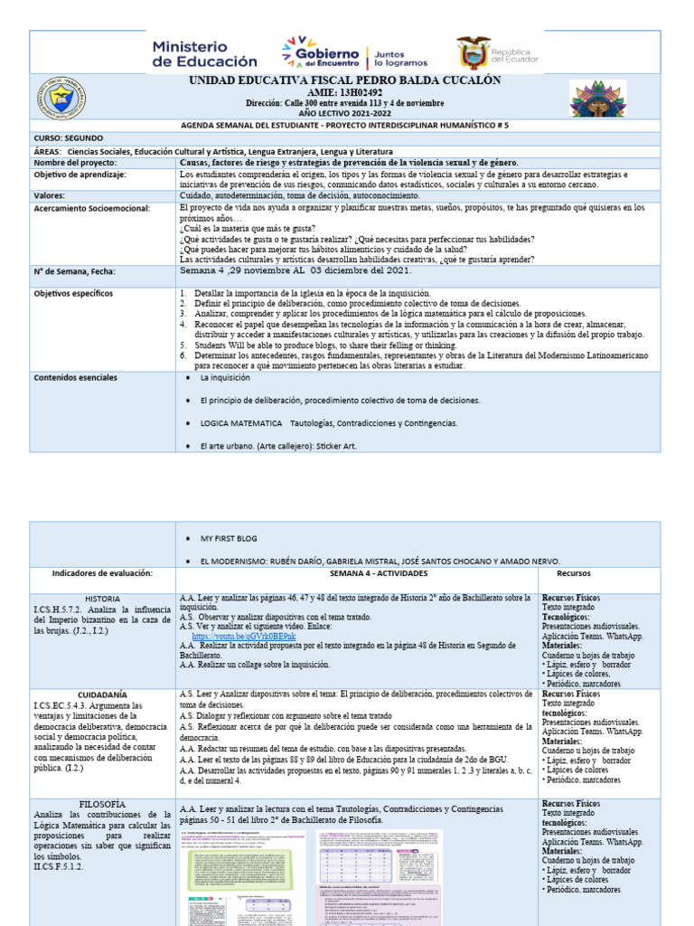 P5 - S4 Agenda Proyecto Humanístico - SEGUNDO BACH. | PDF | Poesía