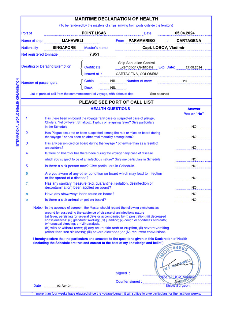 1.maritime Declaration of Health | PDF | Quarantine | Medical Specialties