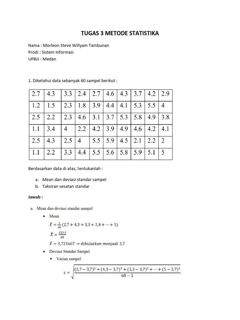 Tugas 3 Metode Statistika dan Analisis Data | PDF | Metode & Bahan Ajar ...