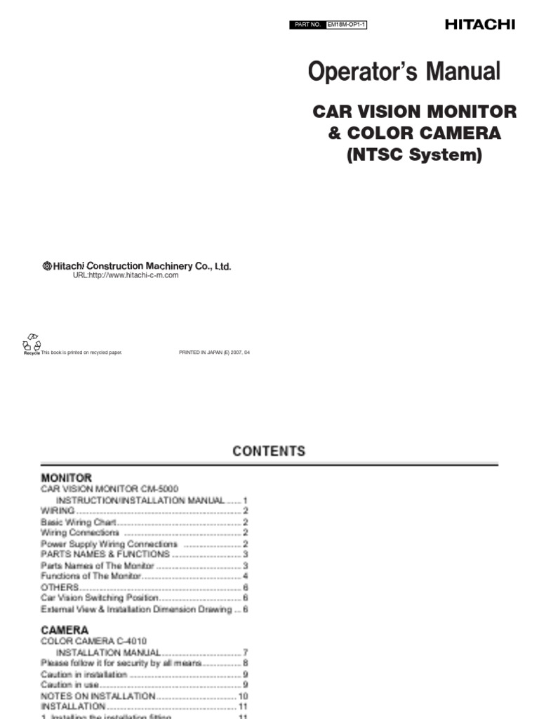 Operator's Manual (EM18M-OP1-1) Car Vision Monitor & Colour Camera ...