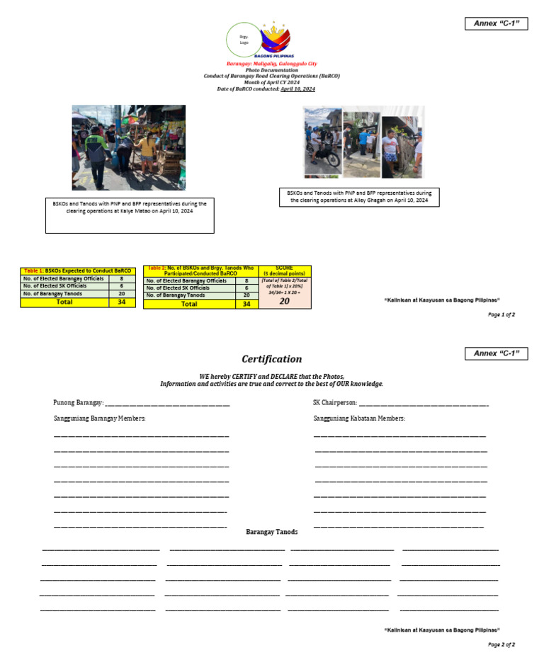 Sample Accomplished Annex C-1 - Day 2 - Photo Documentation - Barangay ...