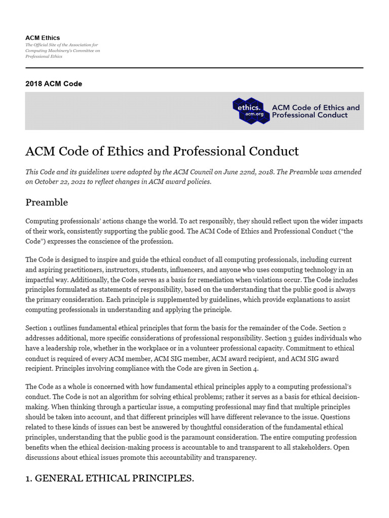 ACM Code of Ethics and Professional Conduct | PDF | Discrimination ...
